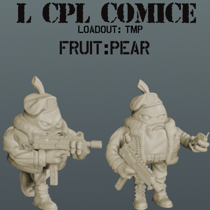 3D Printable Delta Fruit: L CPL Comice Pear Commando TMP Submachine Gun Loadout by Yerman Munoz